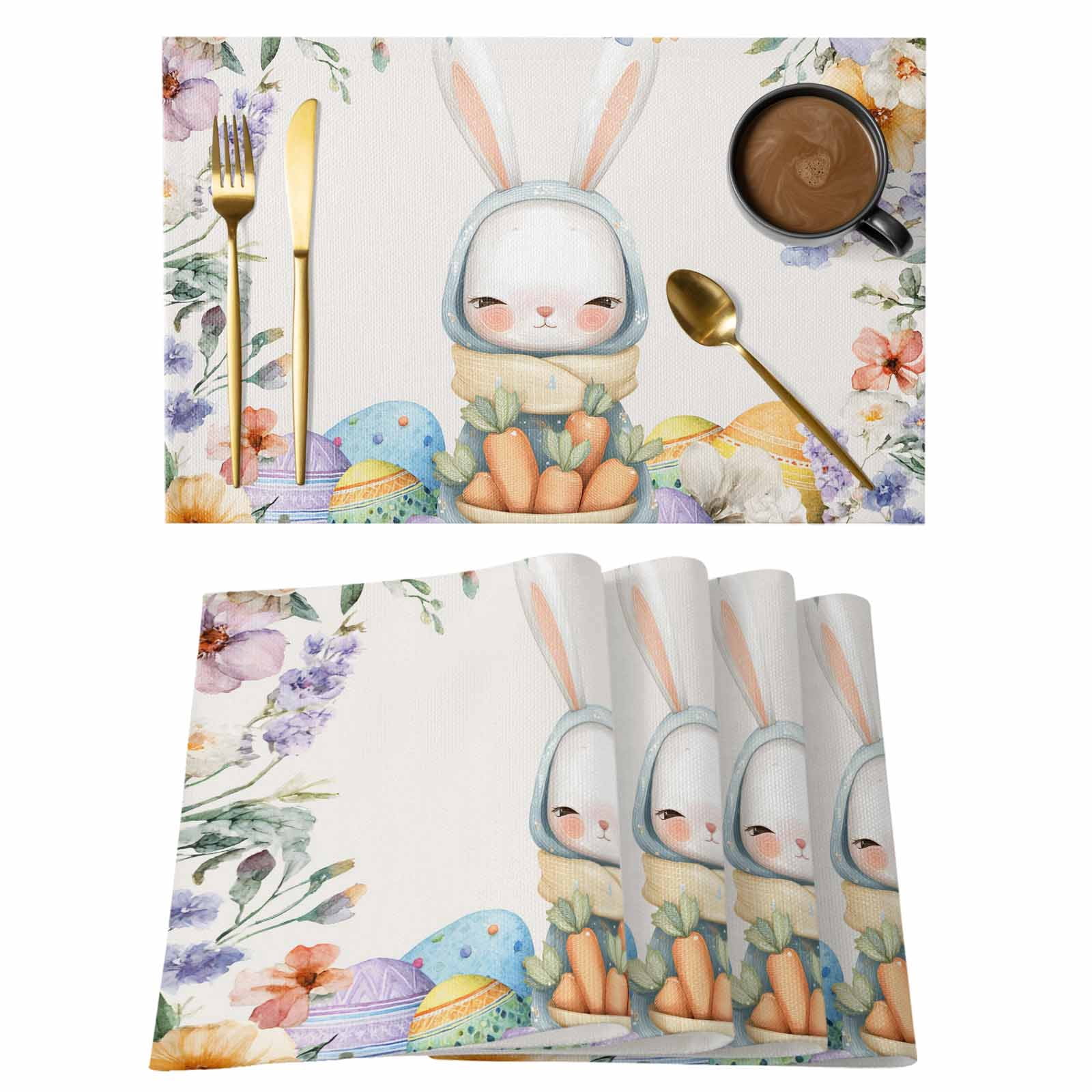 Easter Bunny Placemats Set of 8, Cute Rabbits Carrot Eggs Watercolor ...