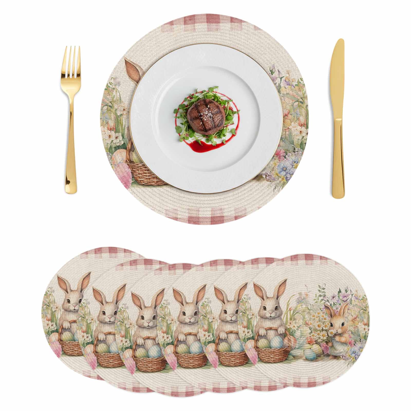 Easter Bunny Plaid, Round 13 Inch Placemats Set of 6, Spring Garden ...