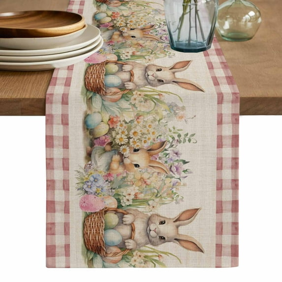 Easter Bunny Plaid Table Runner, Spring Garden Flower Eggs Herbs Pink ...