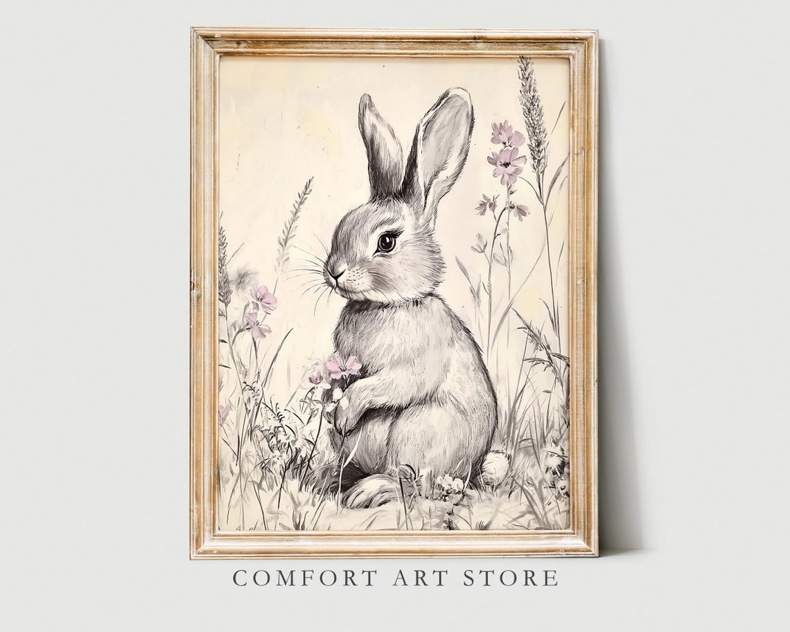 Easter Bunny Print Cute Easter Bunny Print Antique Spring Flower Easter ...