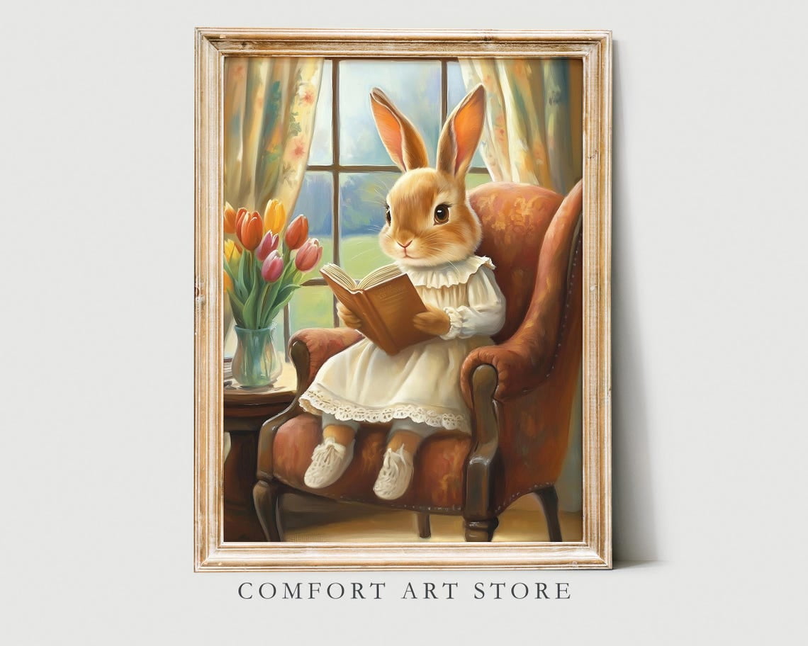 Easter Bunny Print Cute Easter Bunny Reading Book Easter Rabbit ...