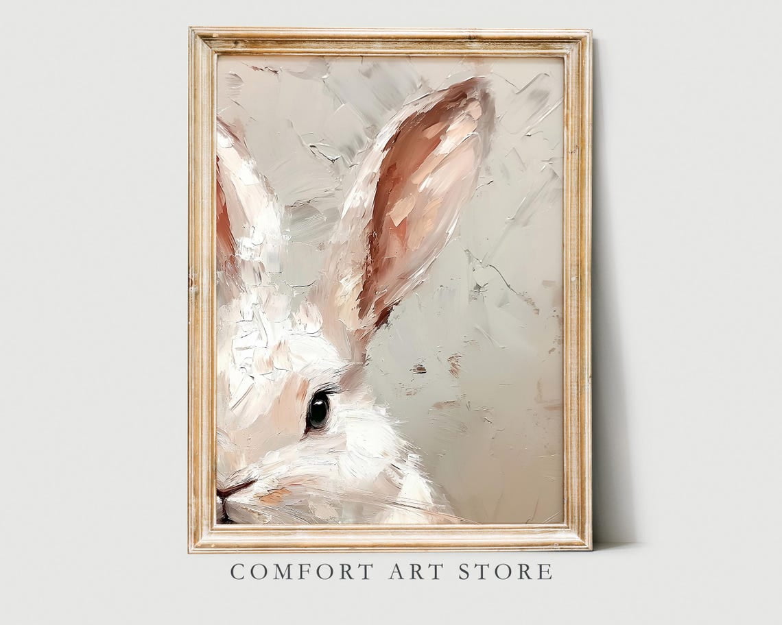 Easter Bunny Print Cute Easter Rabbit Close-Up Neutral Spring Impasto ...
