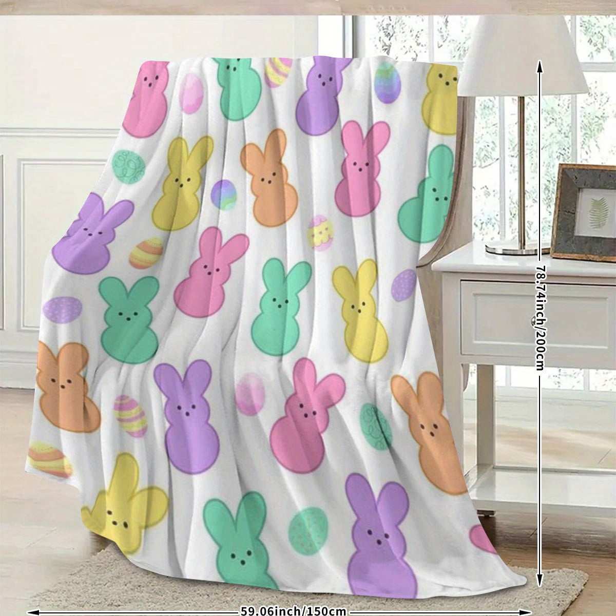 Easter Bunny Print Flannel Throw Blanket Soft with Colorful Easter Eggs ...