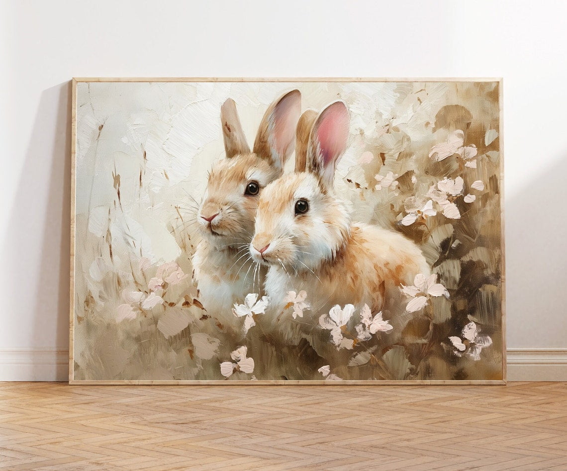 Easter Bunny Print: Rustic Rabbits In Wildflower Field #2718, Unframed ...