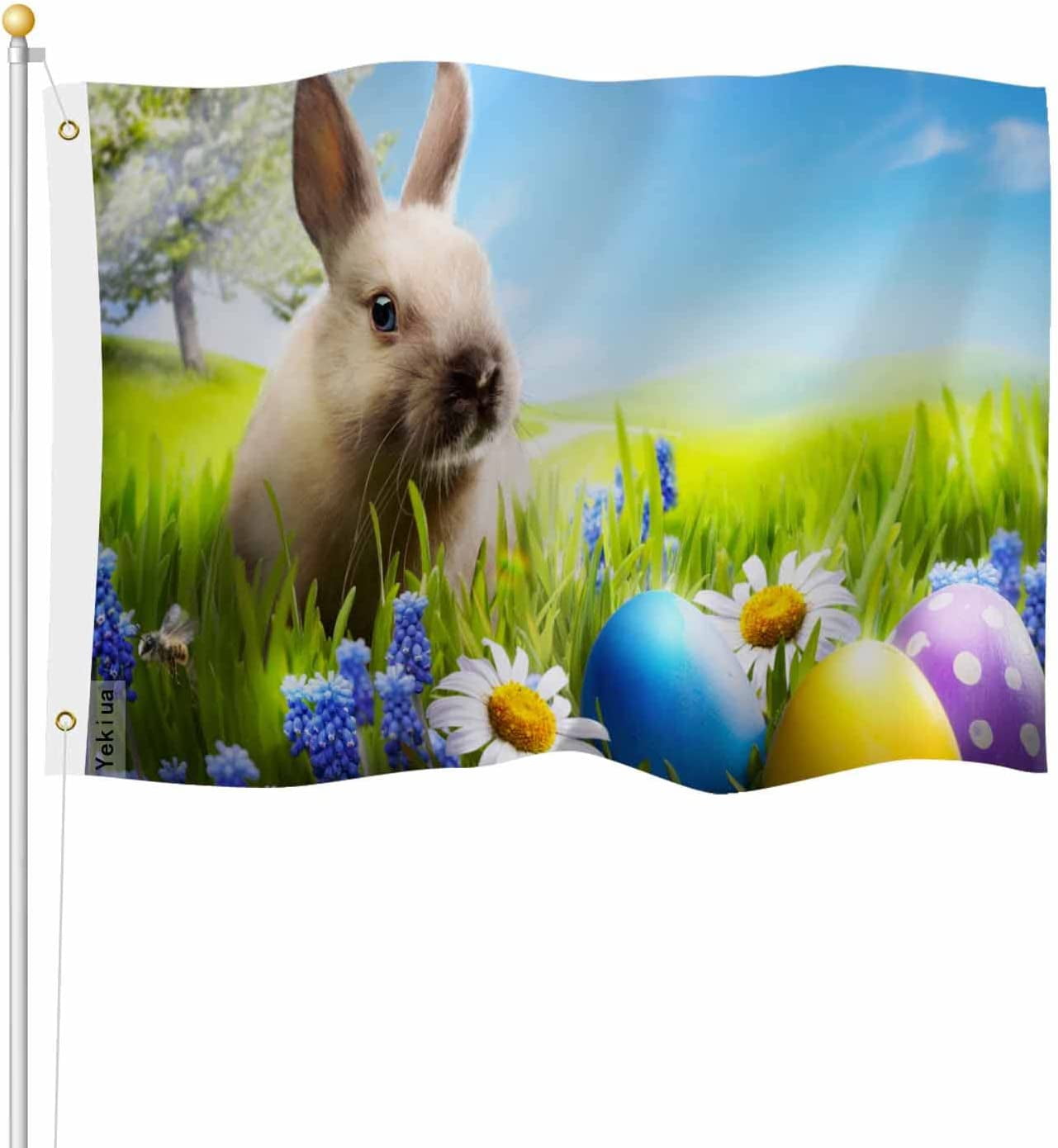 Easter Bunny Rabbit Flag Eggs On Green Grass With Daisies Flowers Uv ...
