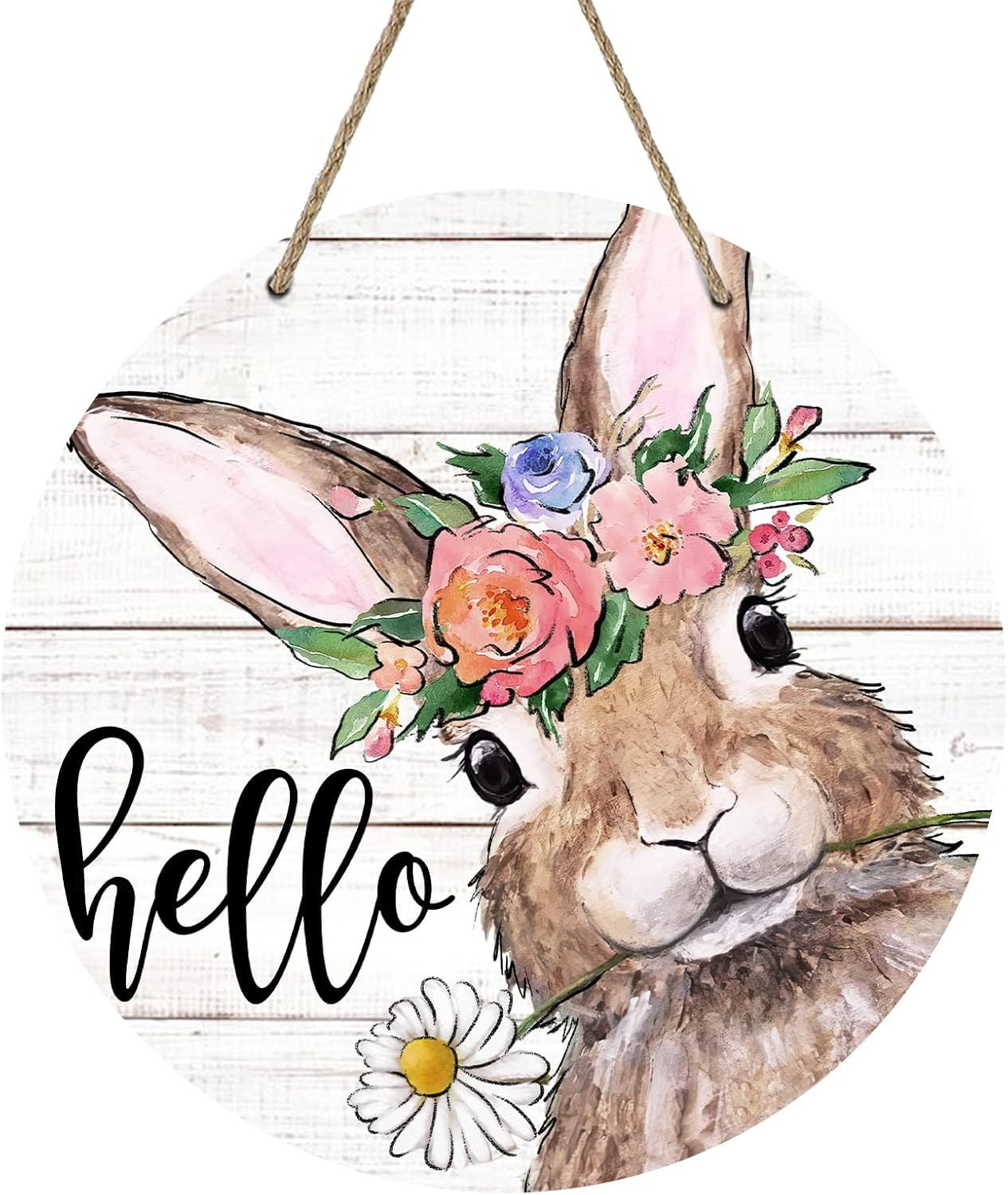 Easter Bunny Rabbit Sign for Front Door Decor, Daisy Flowers Wood Door ...