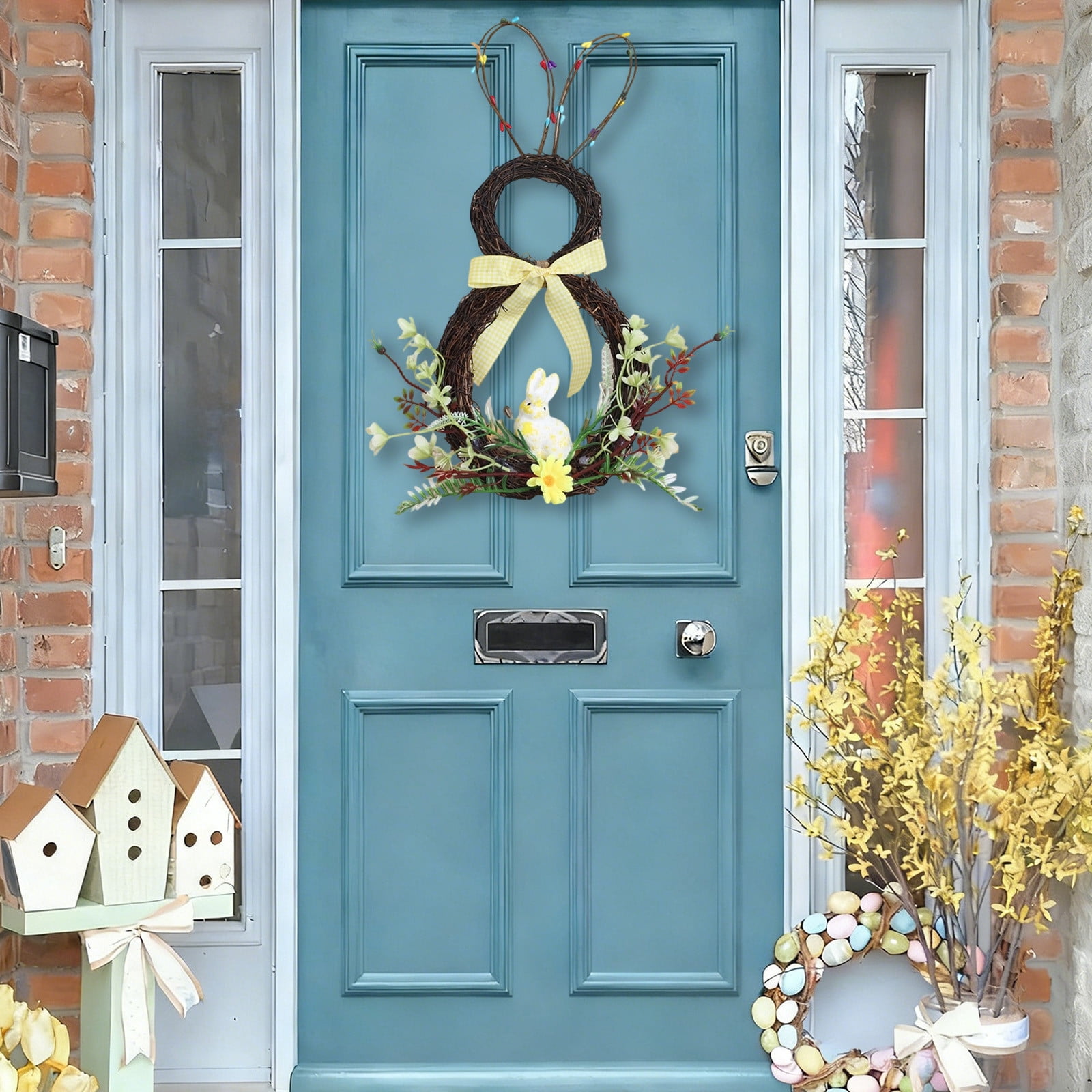 Easter Bunny Rattan Wreath with Colorful Eggs, 9.84 Inch Decorative ...