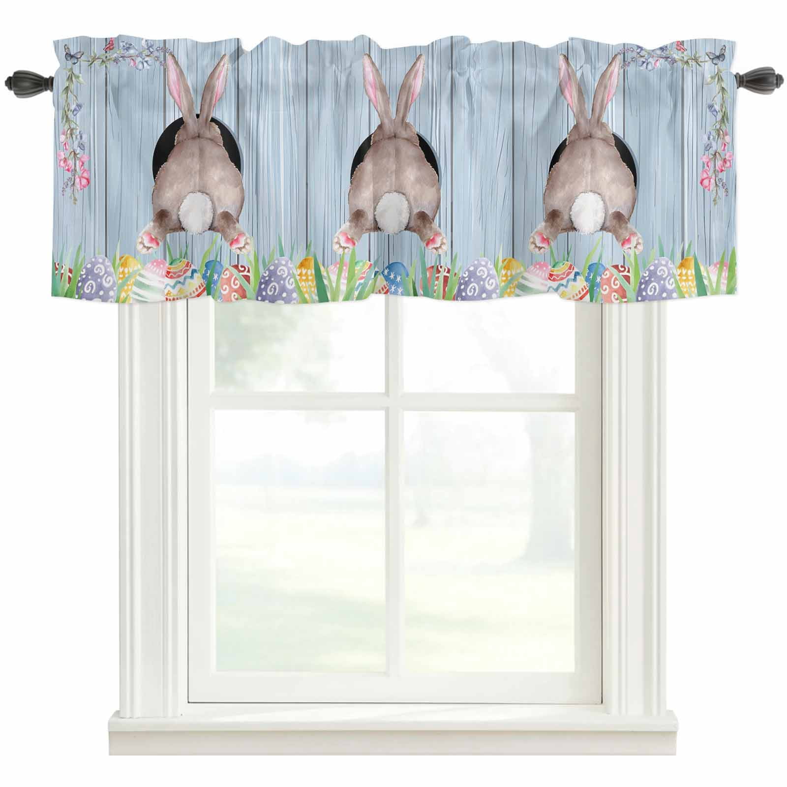 Easter Bunny Rod Pocket Curtain Valance, Eggs Cute Rabbit Purple Wooden ...