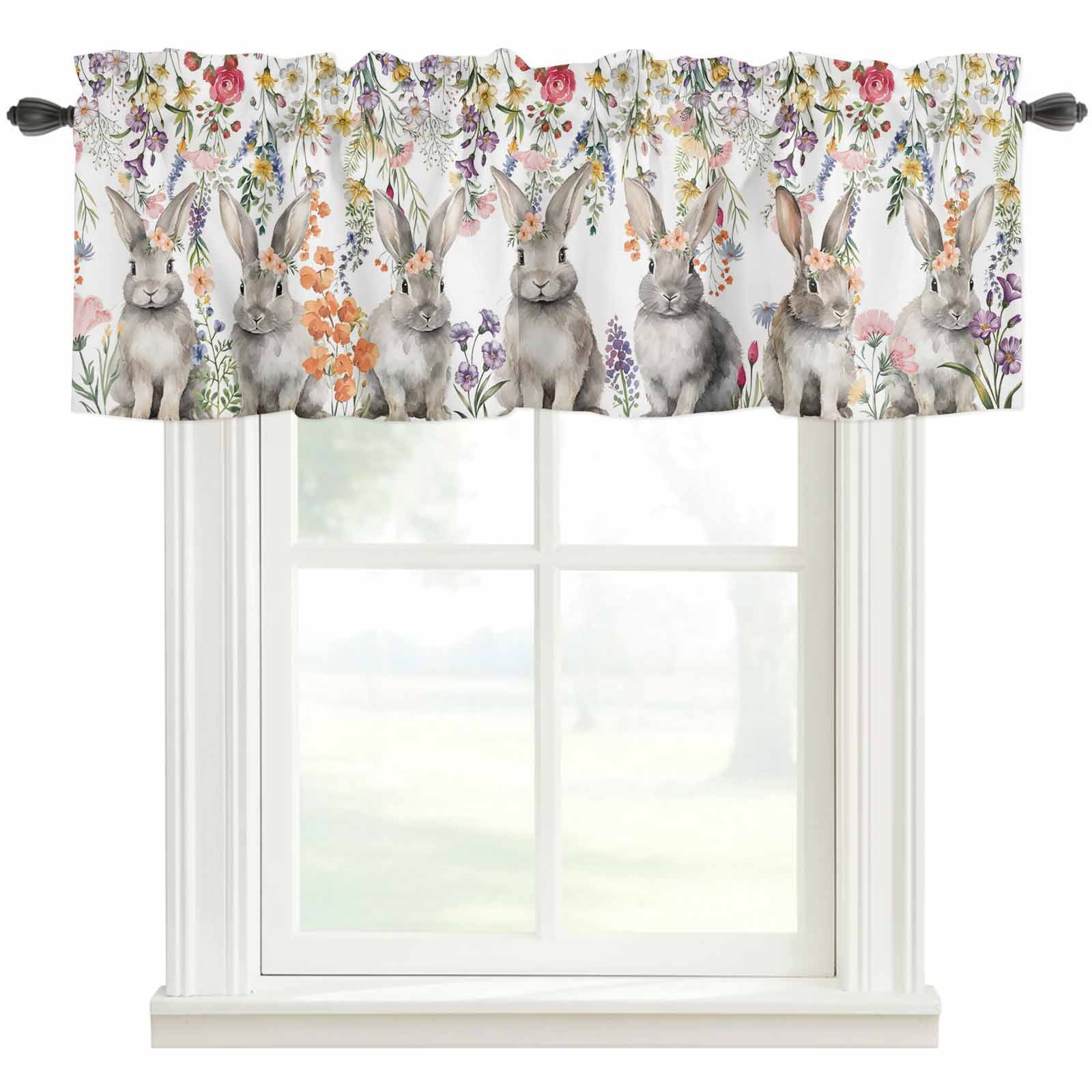 Easter Bunny Rod Pocket Curtain Valance, Spring Flowers Watercolor ...