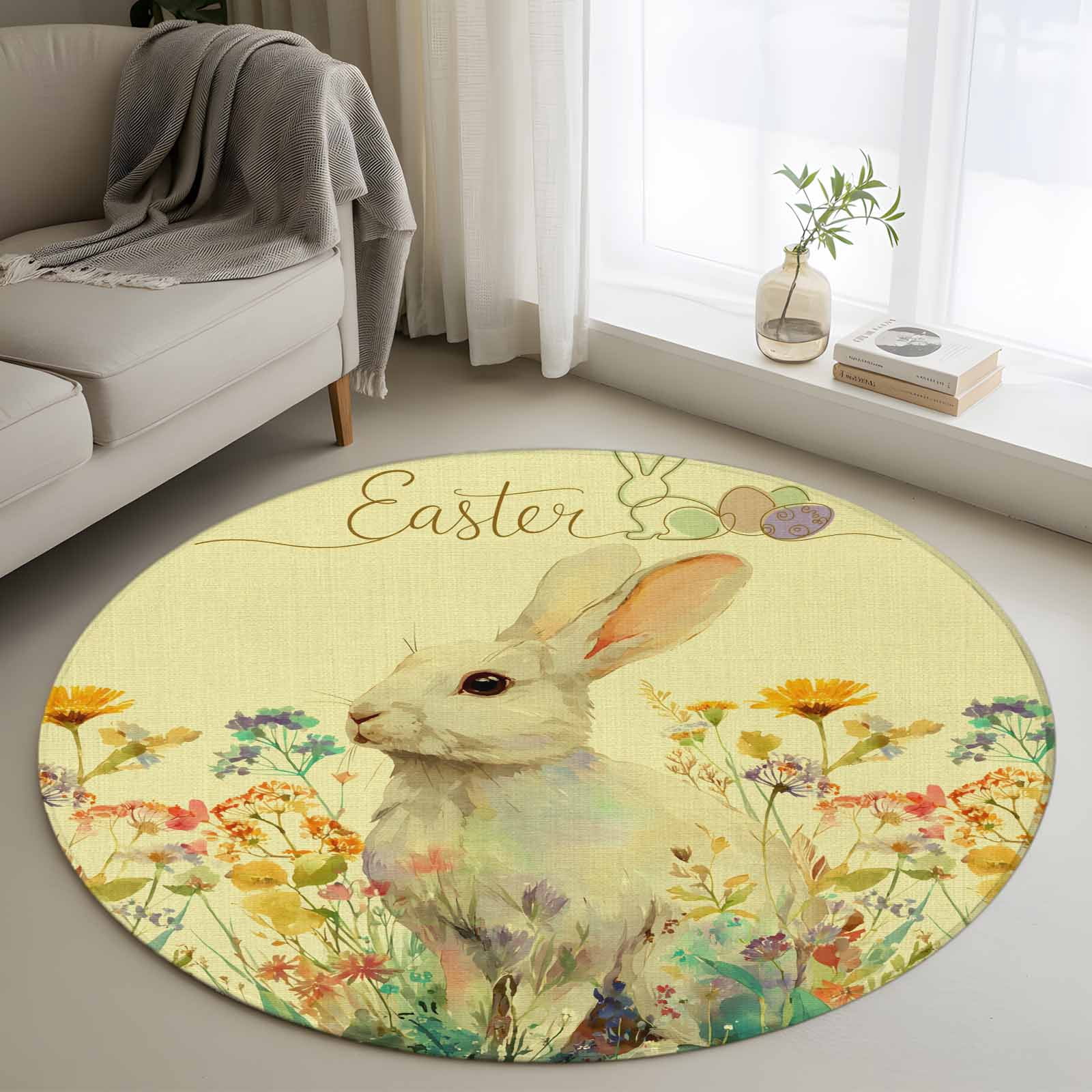 Easter Bunny Round Area Rug 3.3Ft Washable Circle Rugs for Dining Room ...