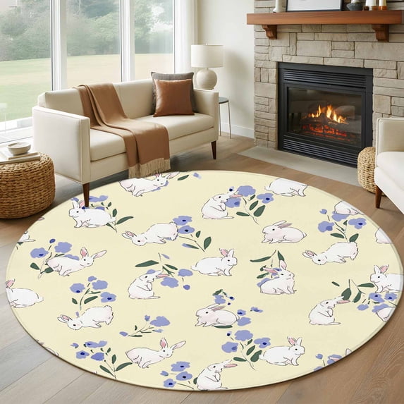 Easter Bunny Round Area Rug 5ft, Spring Purple Flower Rustic Rabbit ...