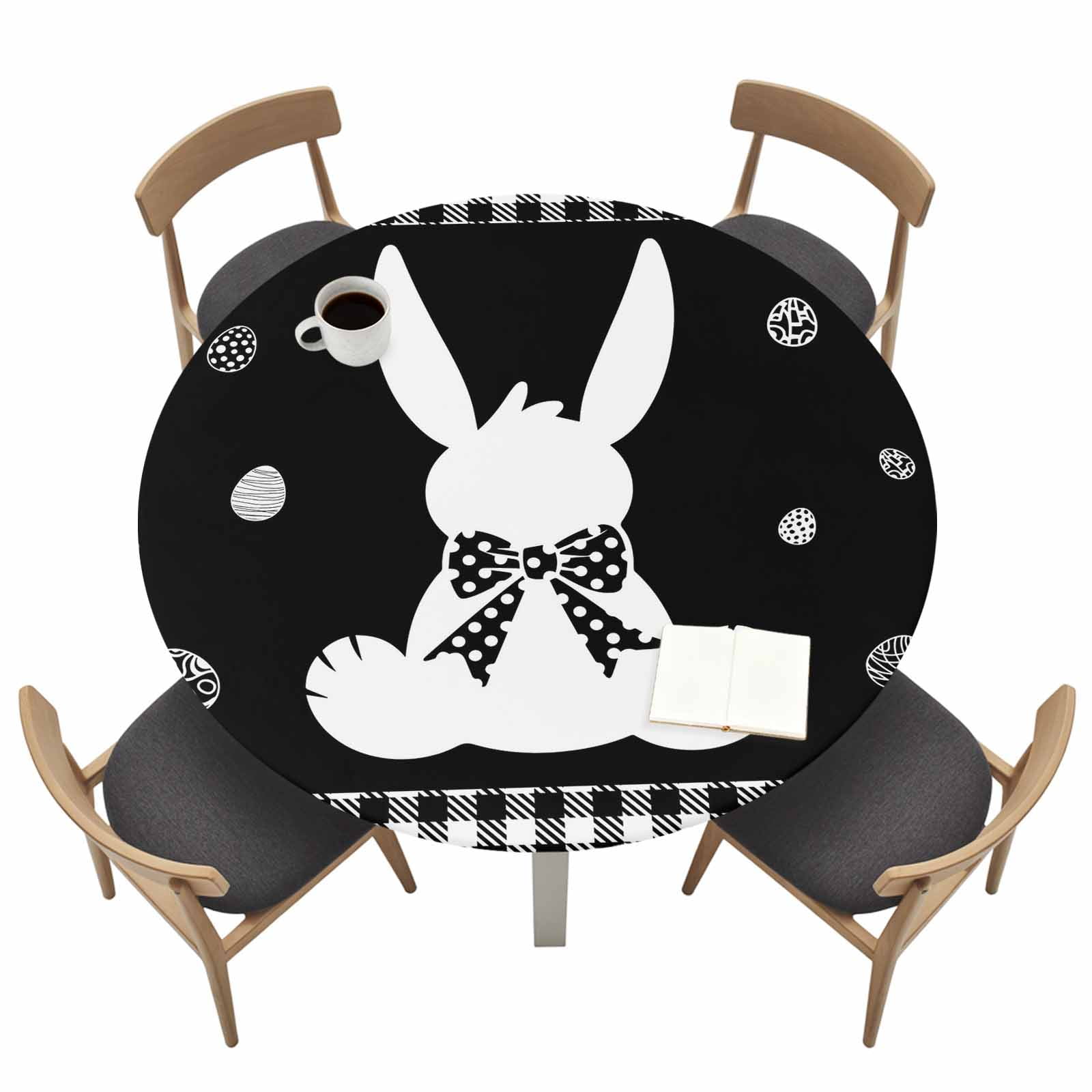 Easter Bunny Round Fitted Tablecloth with Elastic Edge Black White Eggs ...