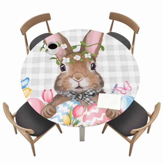Easter Bunny Round Fitted Tablecloth with Elastic Edge Spring Tulips ...
