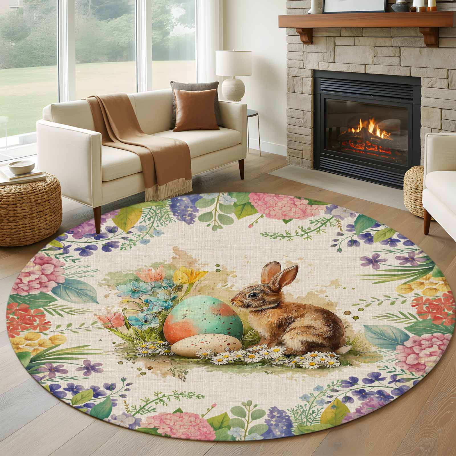 Easter Bunny Round Rug 6ft Washable Circle Kitchen Rugs Non Slip Spring ...