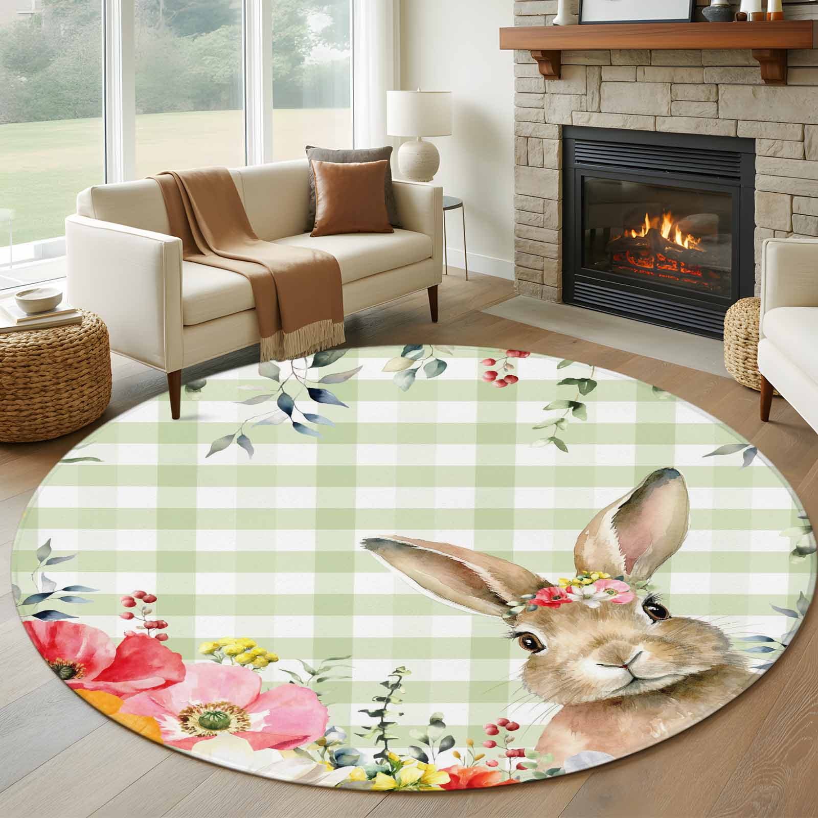 Easter Bunny Round Rug 8ft Washable Circle Rugs Non Slip Spring ...