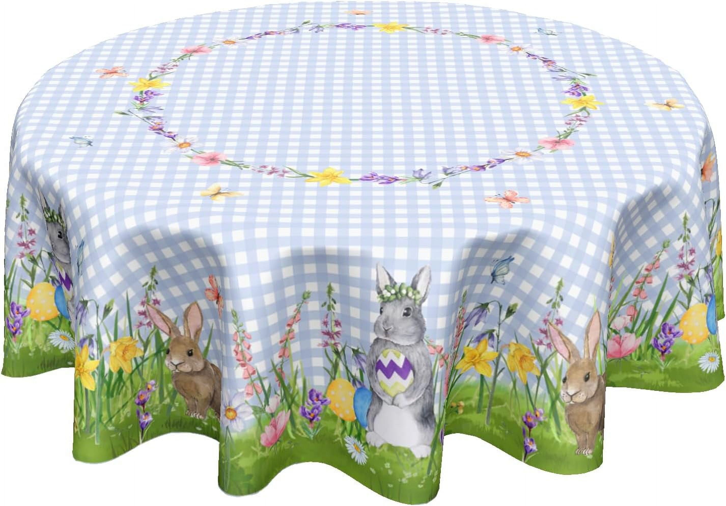 Easter Bunny Round Tablecloth 60 Inch Buffalo Plaid Rabbits Meadow ...