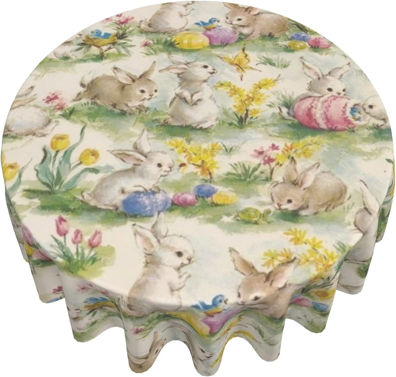 Easter Bunny Round Tablecloth, 60 Inch Cute Rabbit Easter Eggs Hunt ...