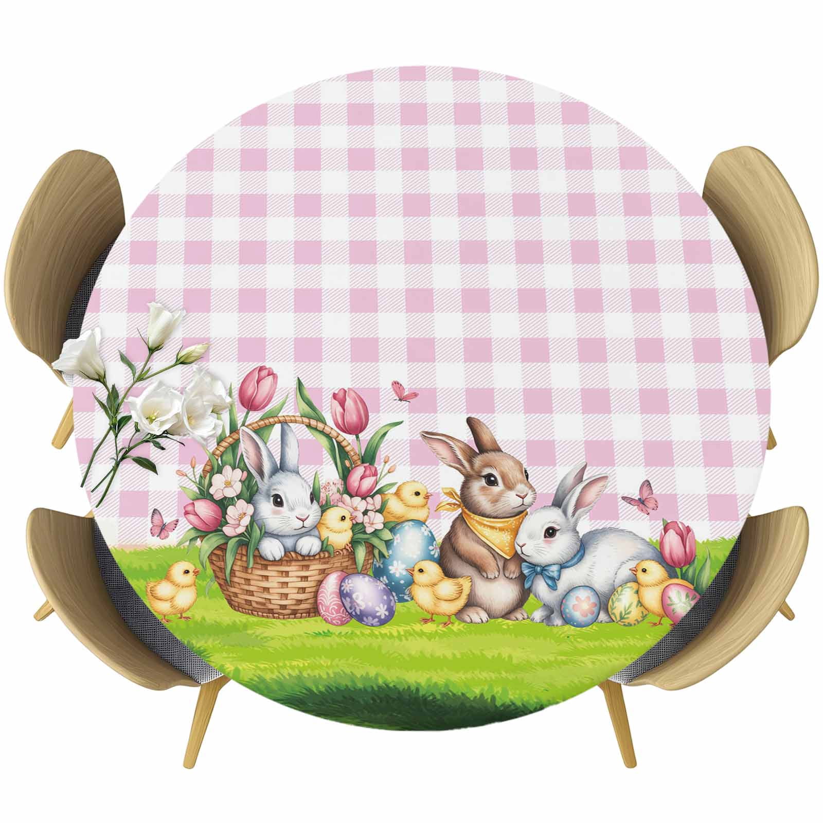 Easter Bunny Round Tablecloth, Fitted Table Cover with Elastic for 36 ...