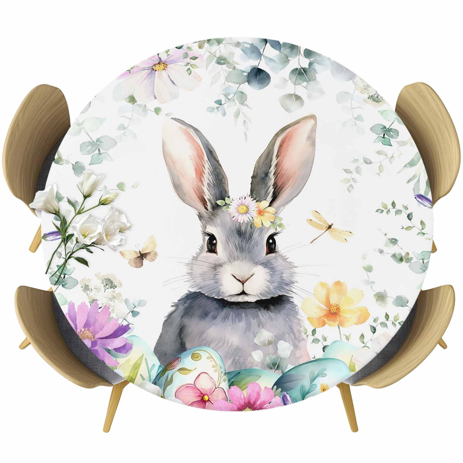 Easter Bunny Round Tablecloth, Fitted Table Cover with Elastic for 36 ...