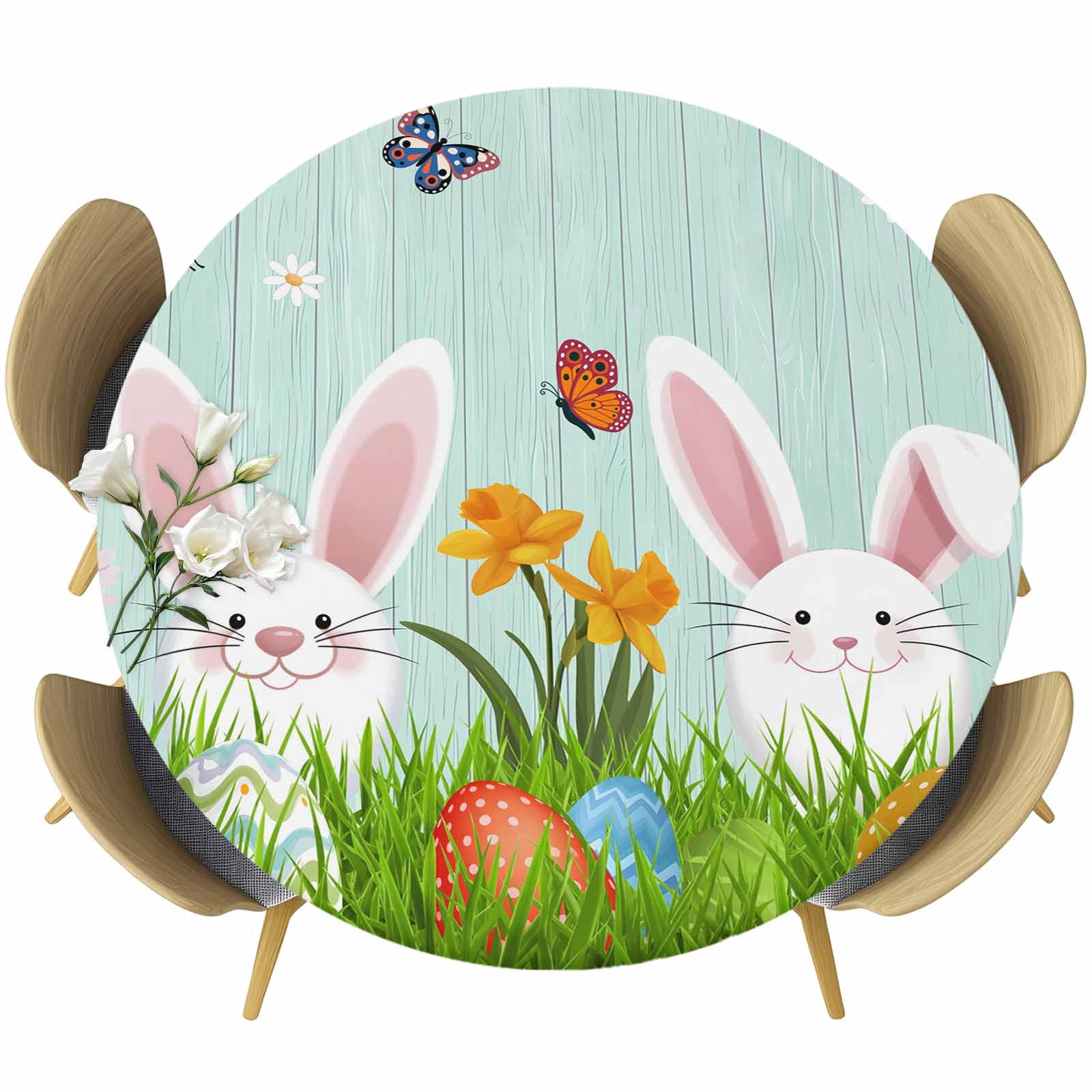 Easter Bunny Round Tablecloth, Fitted Table Cover with Elastic for 45 ...