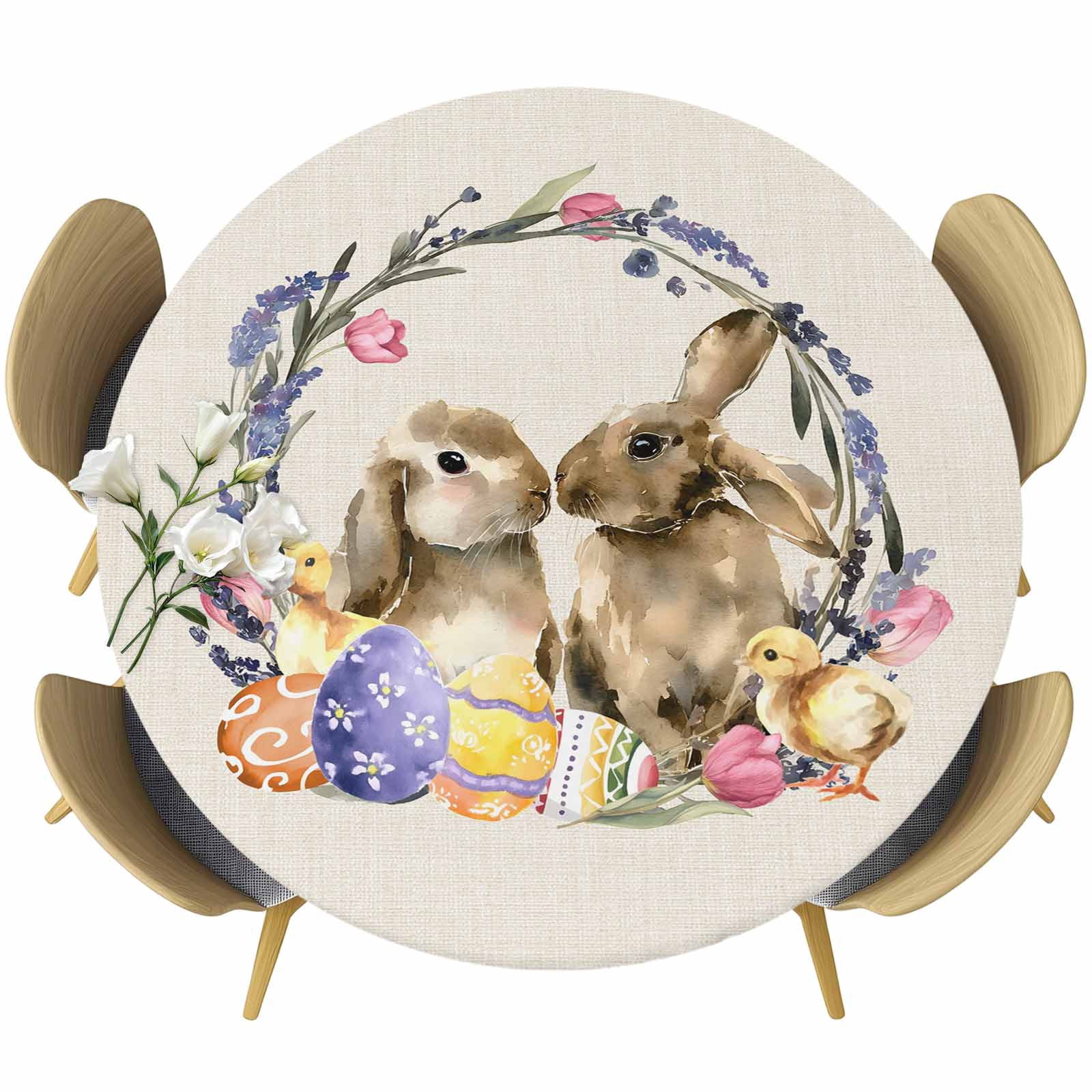 Easter Bunny Round Tablecloth, Fitted Table Cover with Elastic for 45 ...