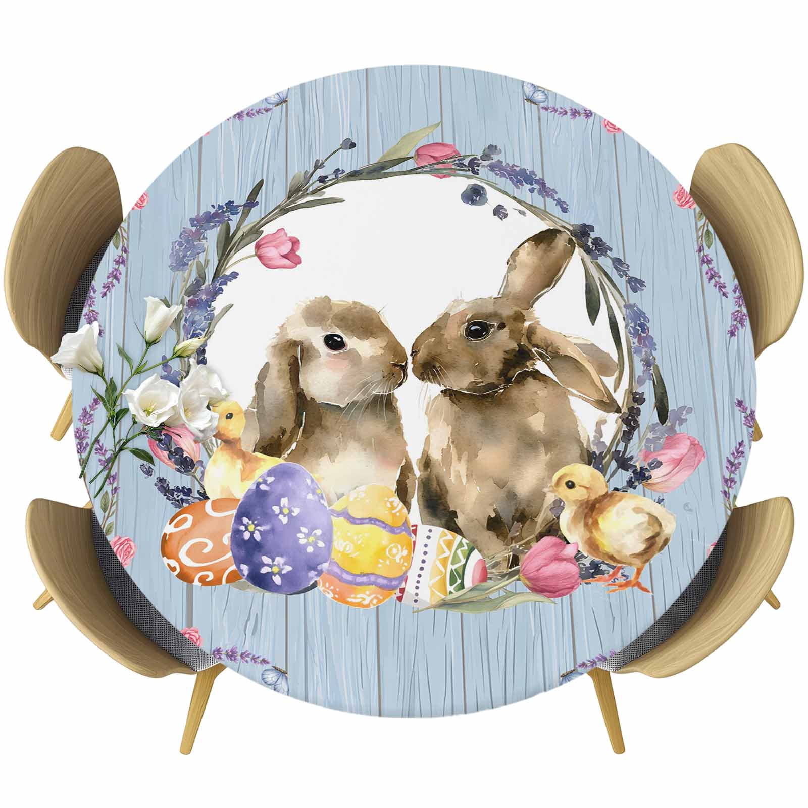 Easter Bunny Round Tablecloth, Fitted Table Cover with Elastic for 55 ...
