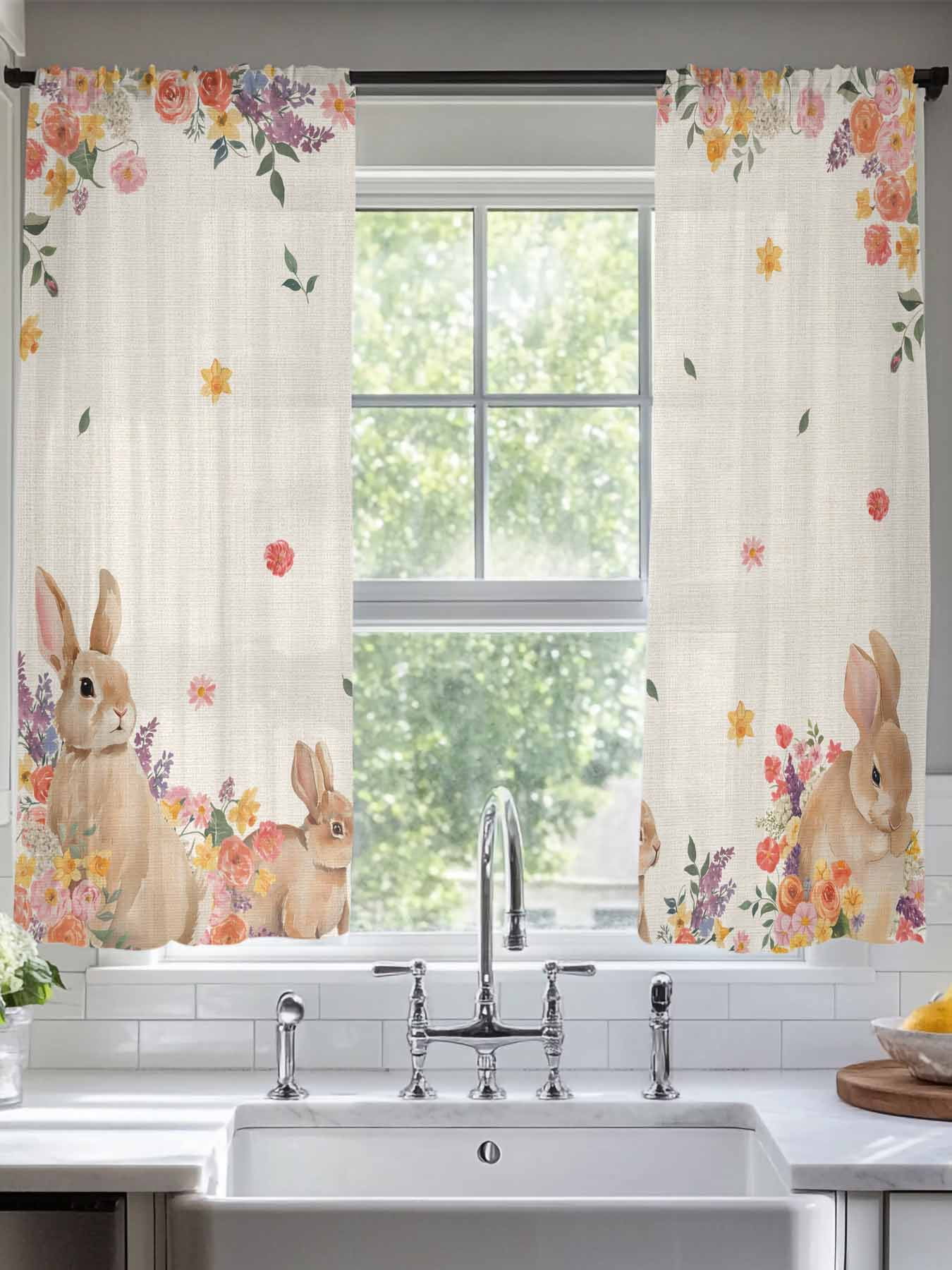 Easter Bunny Sheer Curtains 2 Panels Set, 52''Wx72''L Watercolor Spring ...