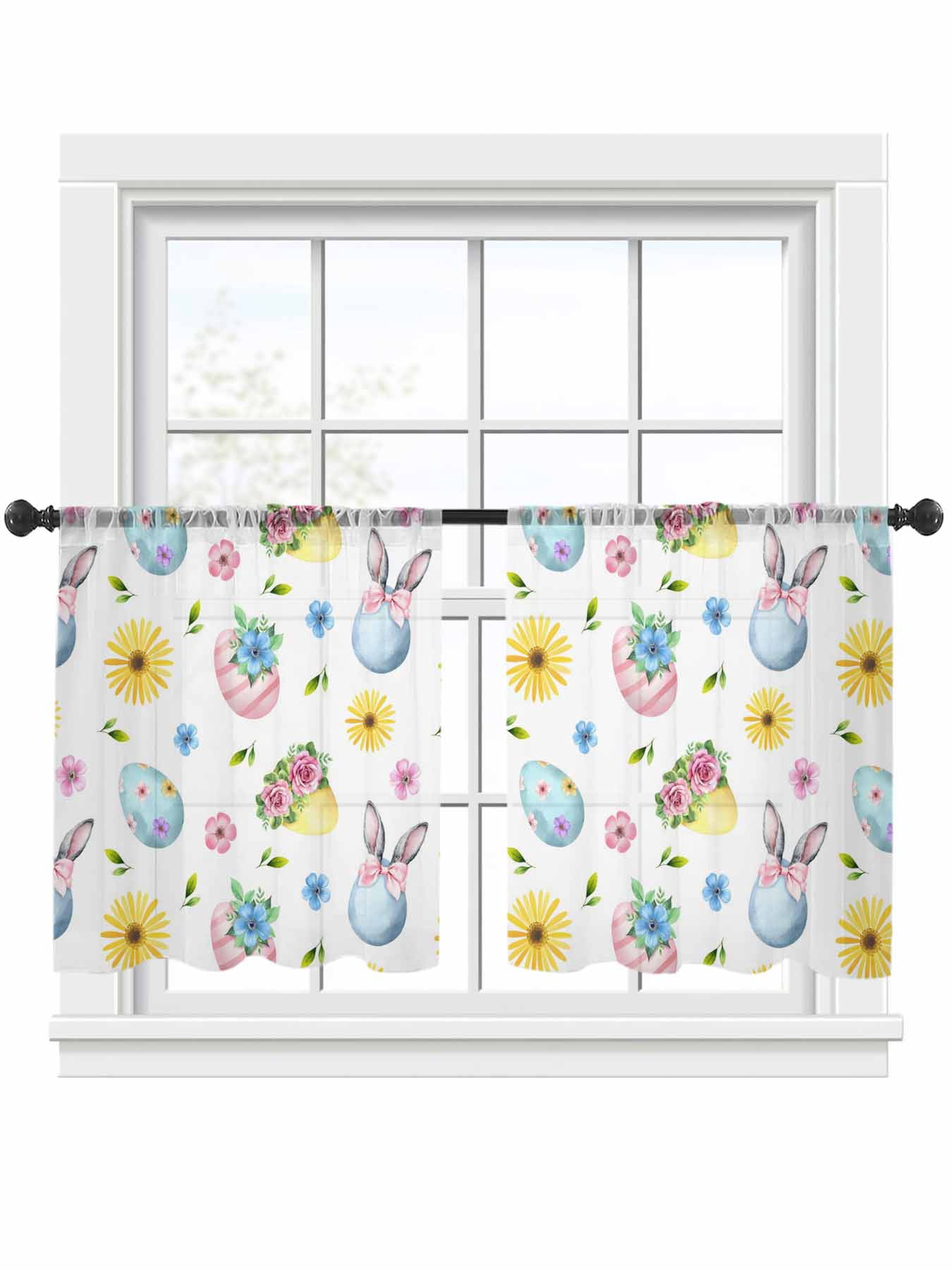 Easter Bunny Sheer Curtains 2 Panels Set Blue Eggs Yellow Daisy Pink ...