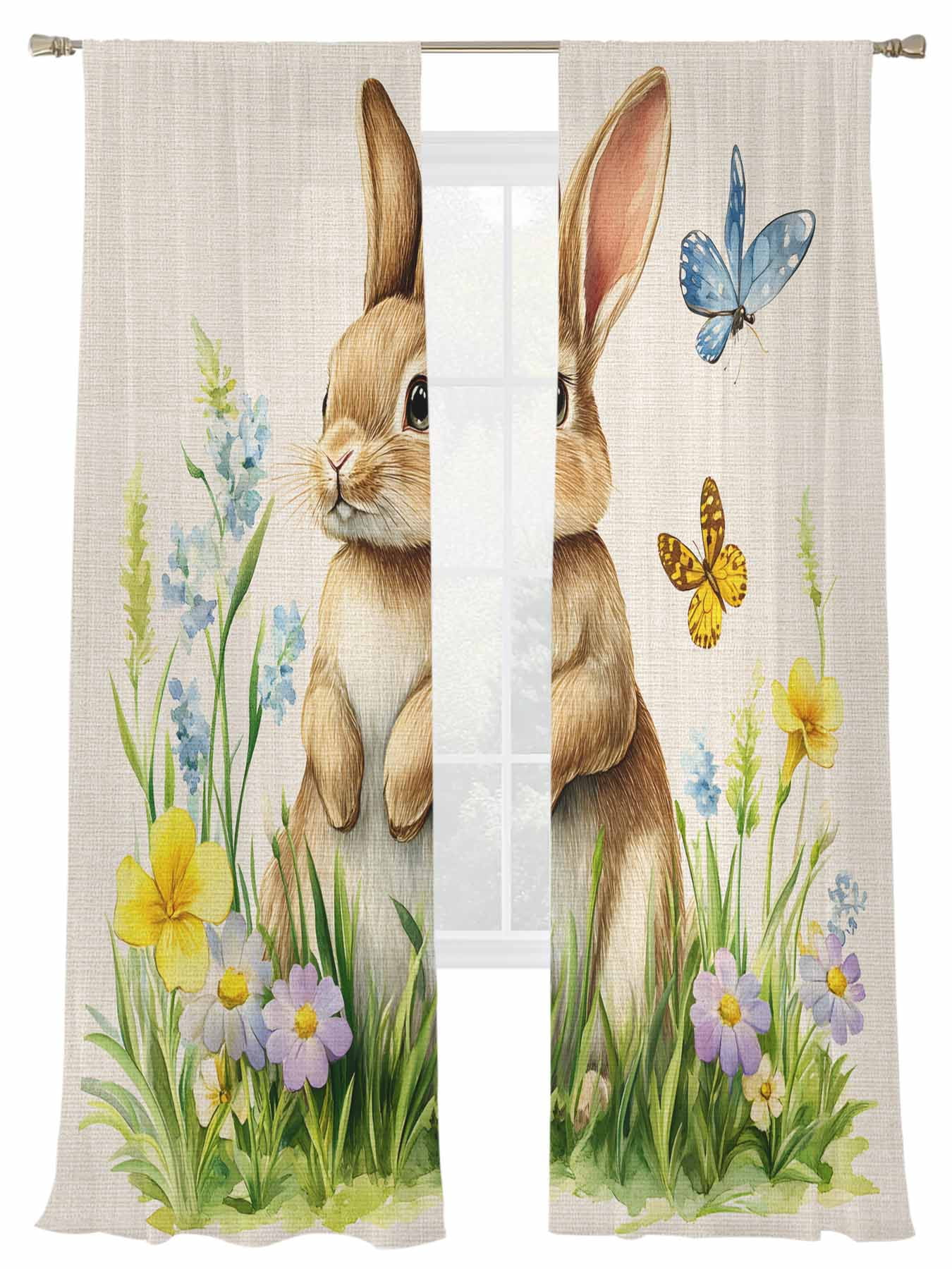 Easter Bunny Sheer Curtains 2 Panels Set Flower Rabbit Sheer Window ...