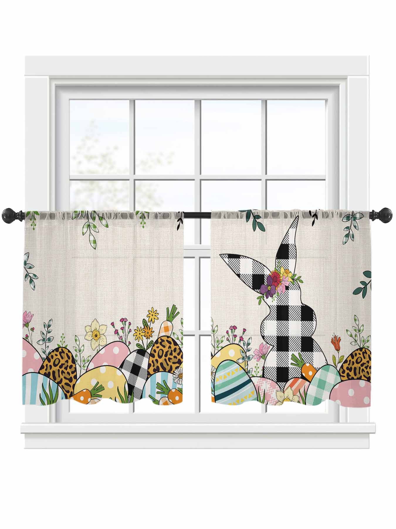 Easter Bunny Sheer Curtains 2 Panels Set Plaid Rabbit Eggs Carrot ...