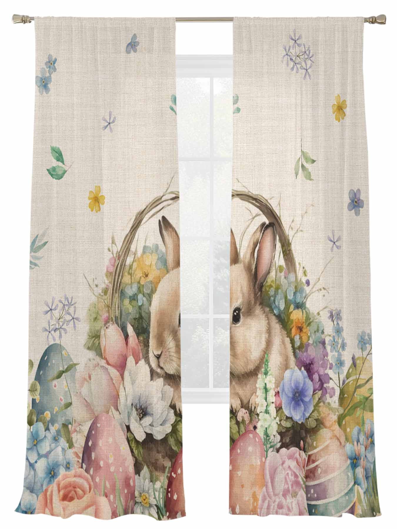 Easter Bunny Sheer Curtains 2 Panels Set Rabbit Eggs Spring Flowers ...