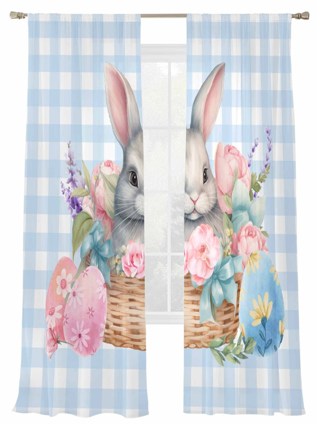 Easter Bunny Sheer Curtains 2 Panels Set Rabbits Eggs Pink Flower in ...