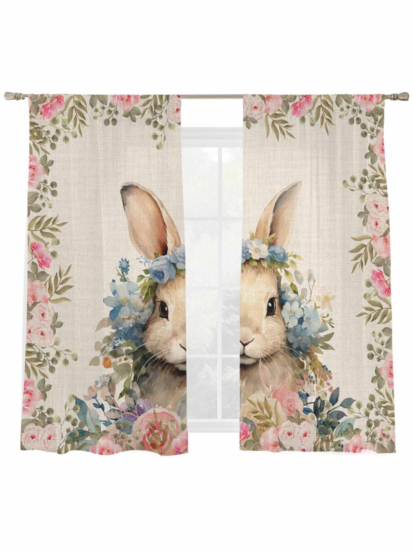 Easter Bunny Sheer Curtains 2 Panels Set Rabbits with Wreath Pink ...
