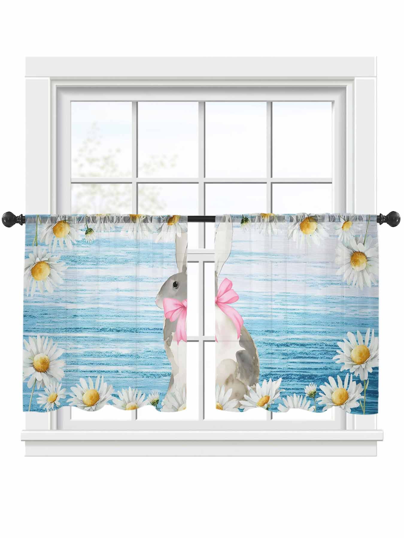 Easter Bunny Sheer Curtains 2 Panels Set Spring Bow Rabbit White Daisy ...