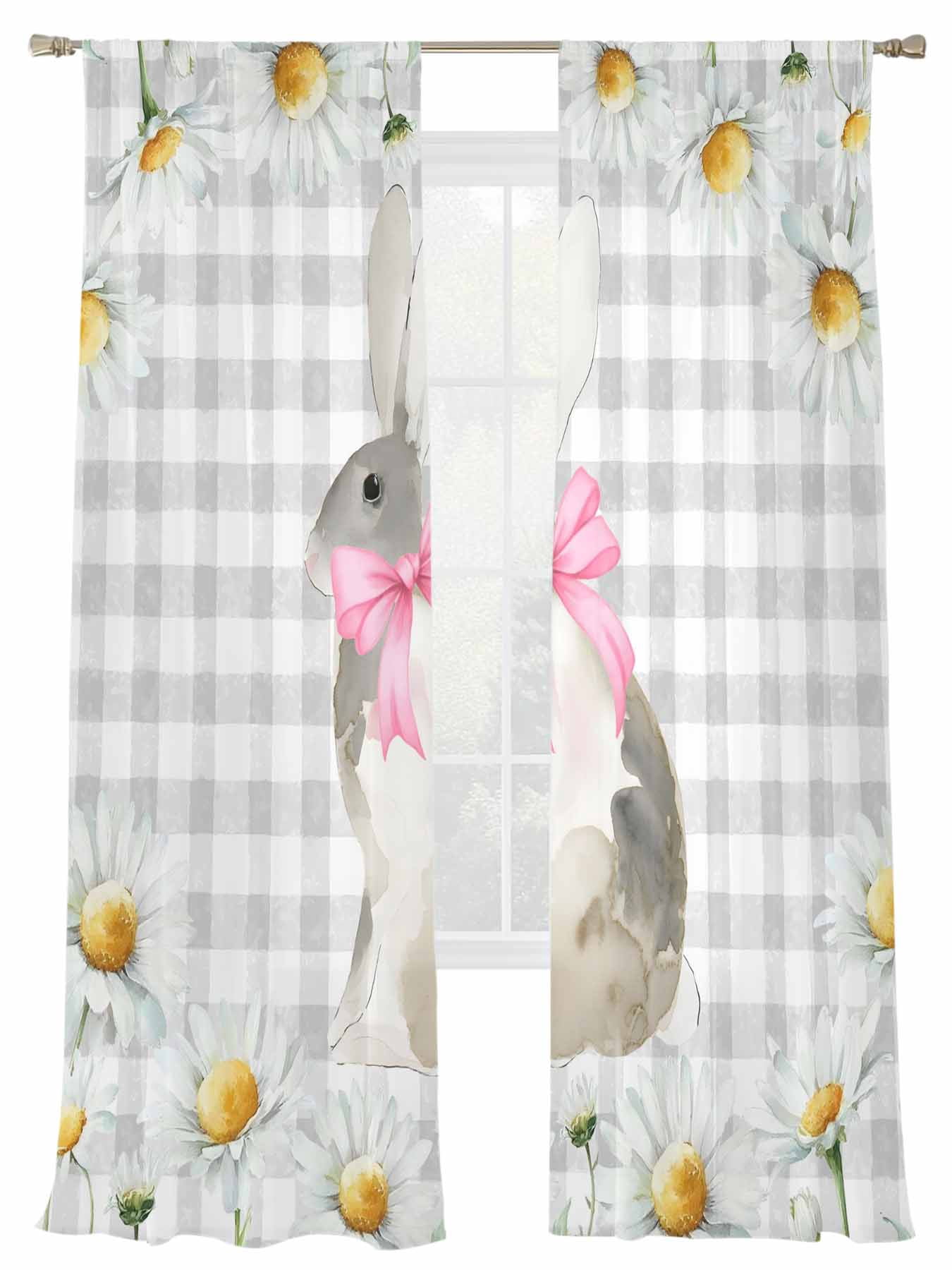 Easter Bunny Sheer Curtains 2 Panels Set Spring Bow Rabbit White Daisy ...