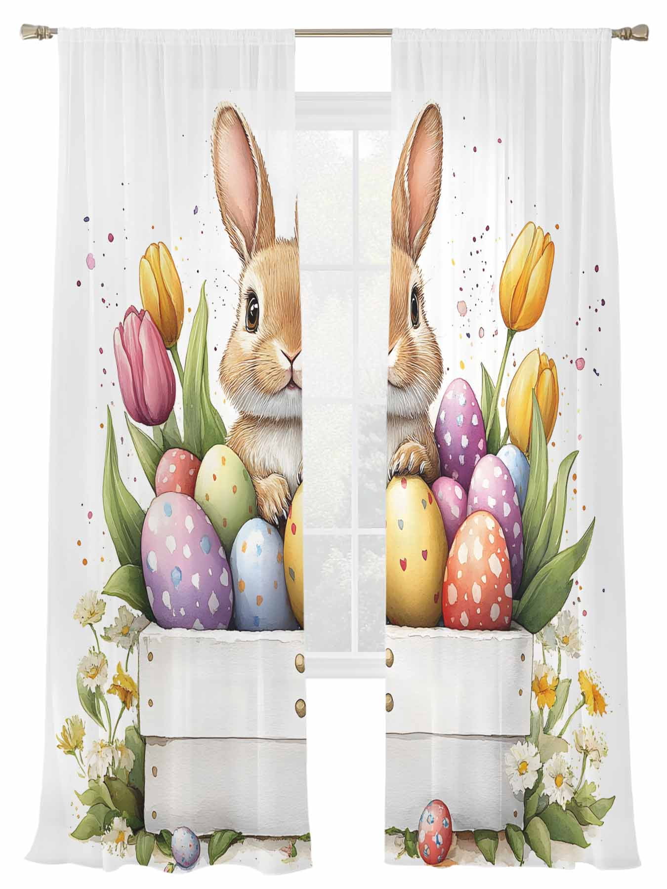 Easter Bunny Sheer Curtains 2 Panels Set Watercolor Cartoon Rabbit ...
