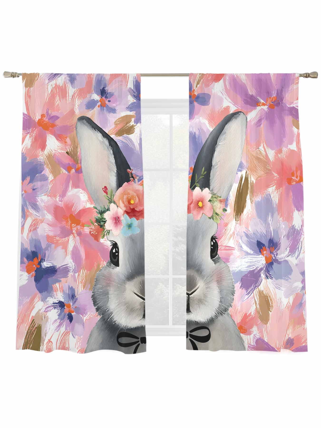 Easter Bunny Sheer Curtains 2 Panels Set Watercolor Red Purple Pink ...