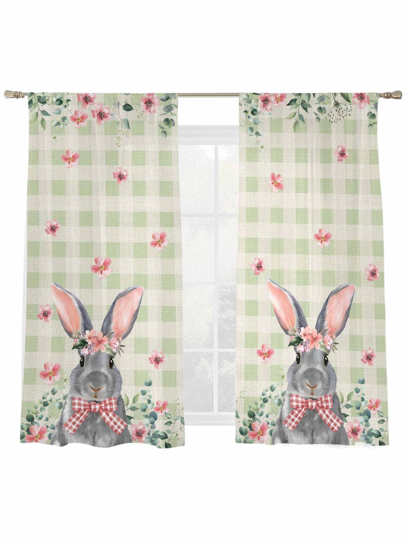 Easter Bunny Sheer Curtains 2 Panels Set Watercolor Spring Red Floral ...