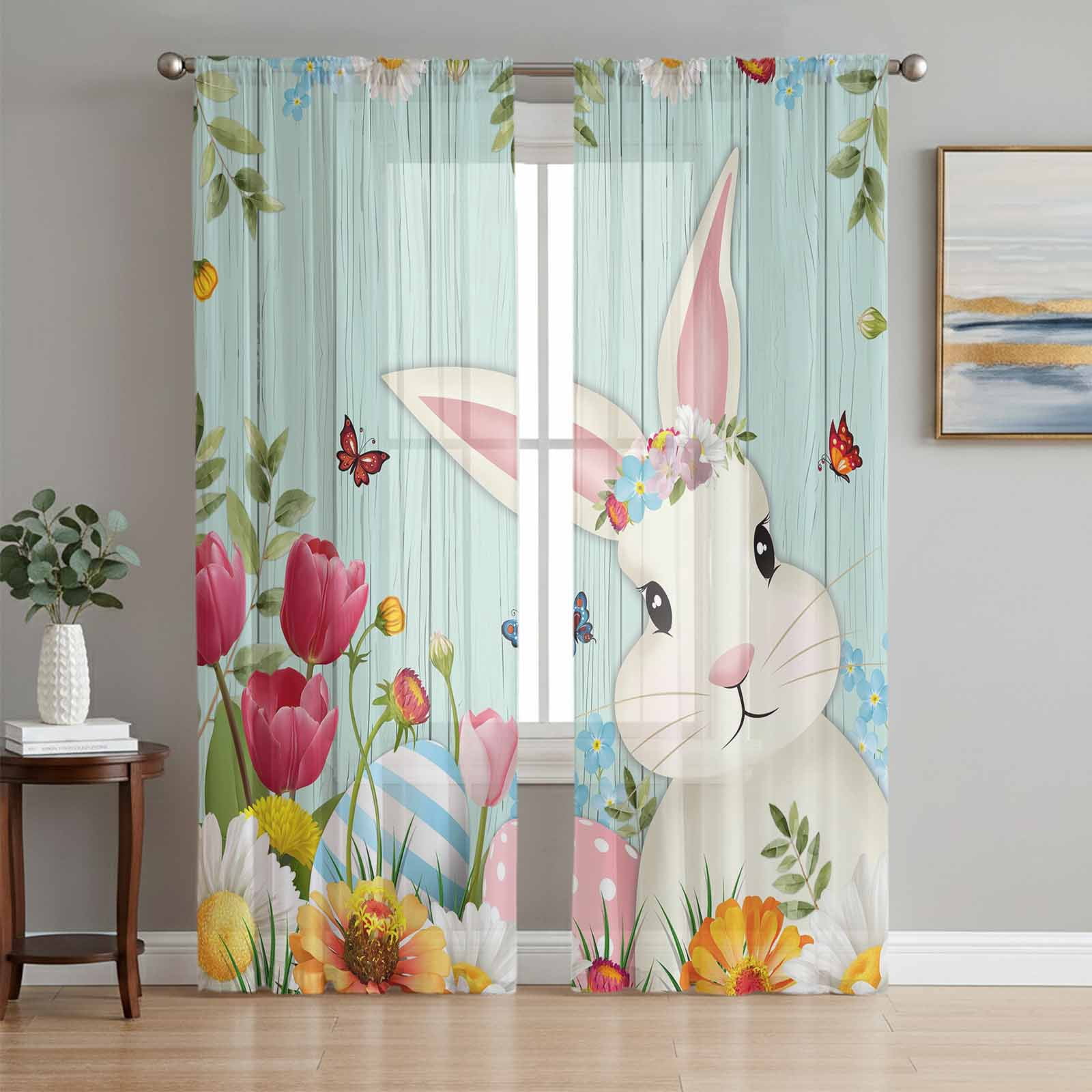 Easter Bunny Sheer Curtains 63 Inch Length 2 Panels for Living Room ...