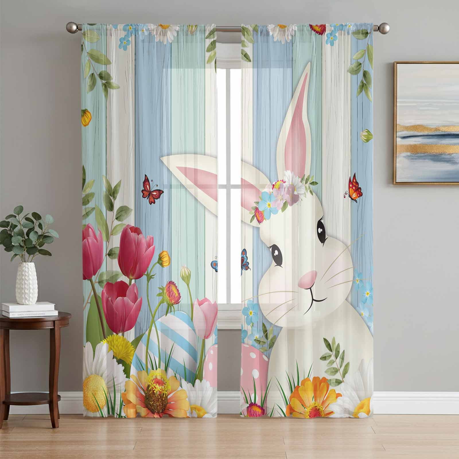 Easter Bunny Sheer Curtains 63 Inch Length 2 Panels Set Window ...