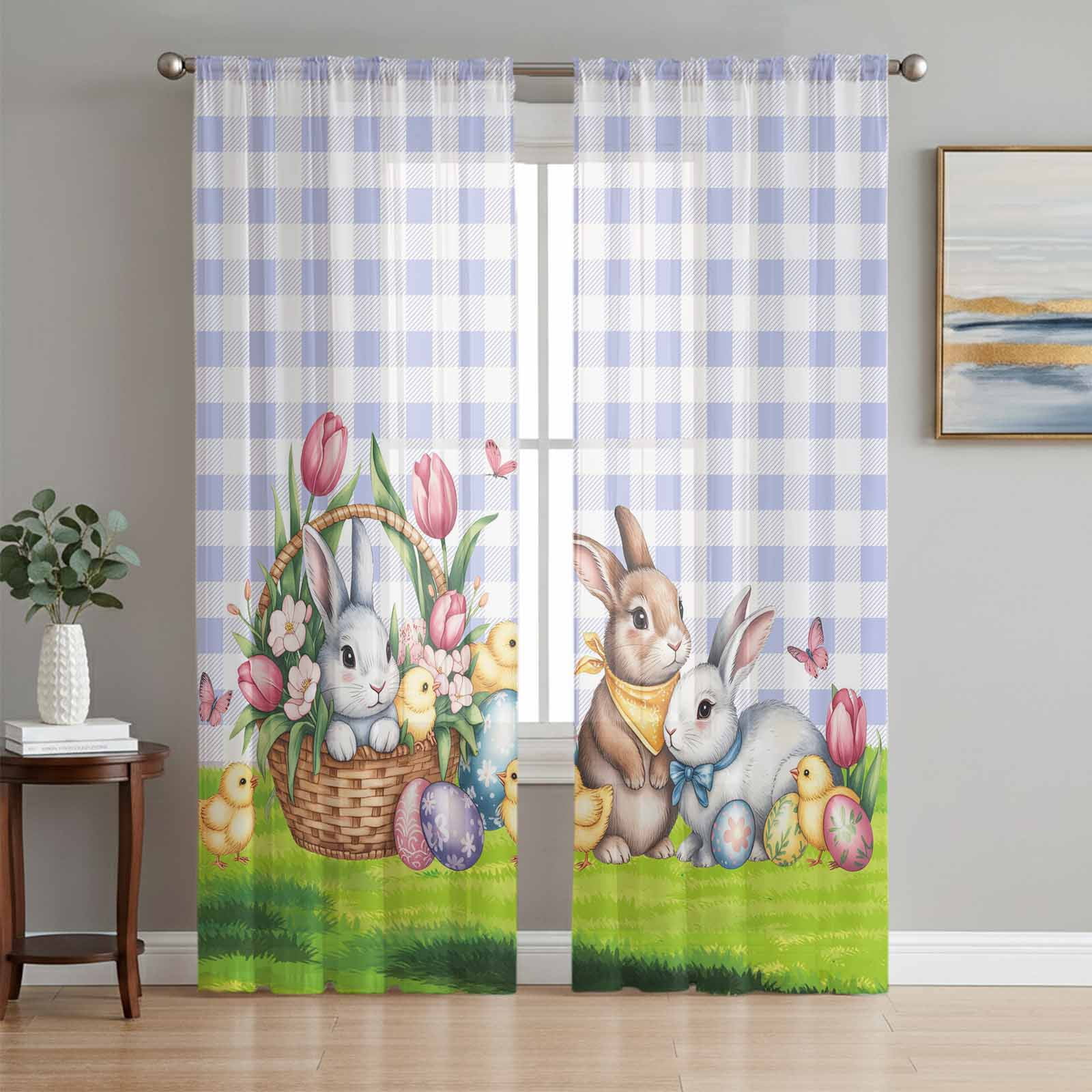 Easter Bunny Sheer Curtains 72 Inch Length 2 Panels Set, Cute Rabbits ...