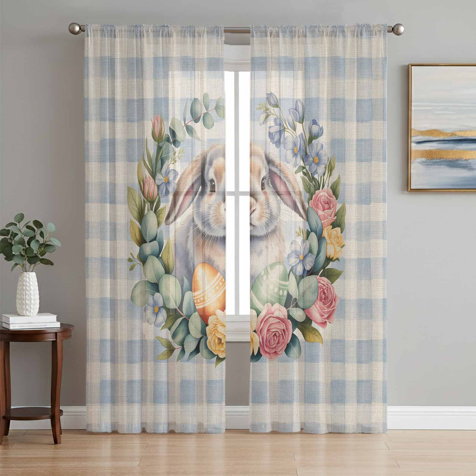 Easter Bunny Sheer Curtains 84 Inch Length 2 Panels Set, Retro Rabbit ...