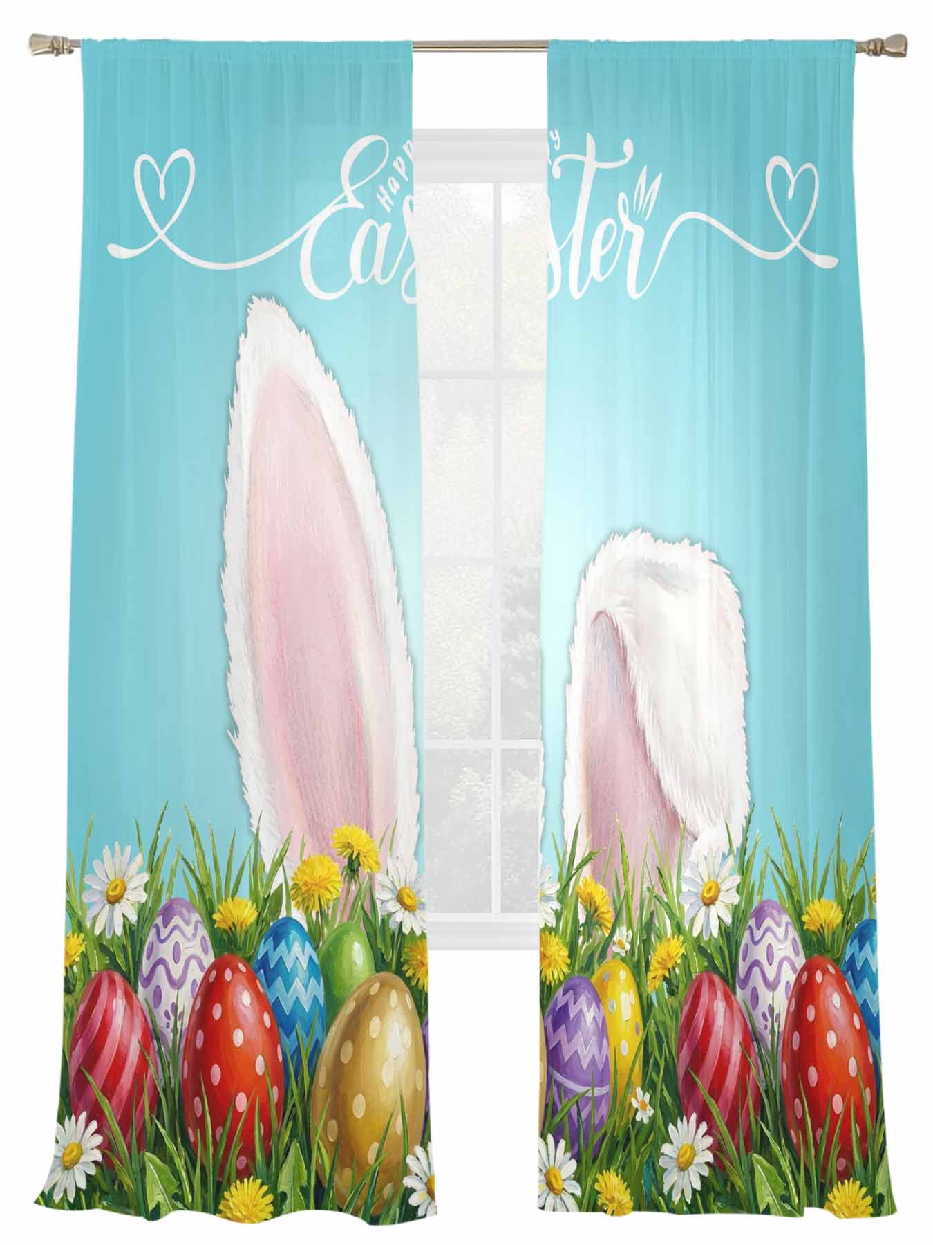 Easter Bunny Sheer Curtains 84 Inch Long 2 Panels, Watercolor Rabbit ...