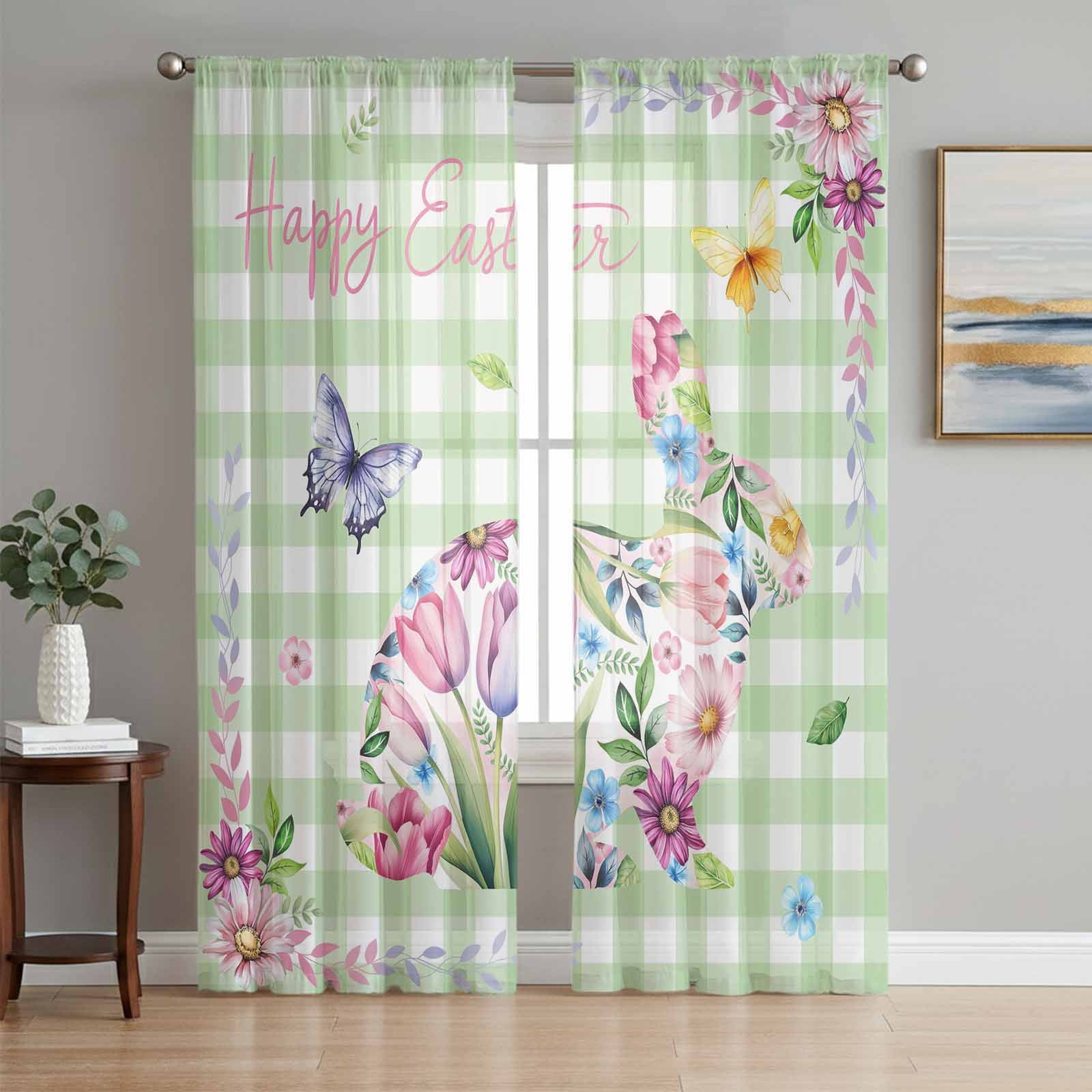 Easter Bunny Sheer Curtains 96 Inch Length 2 Panels Set, Spring Flower ...