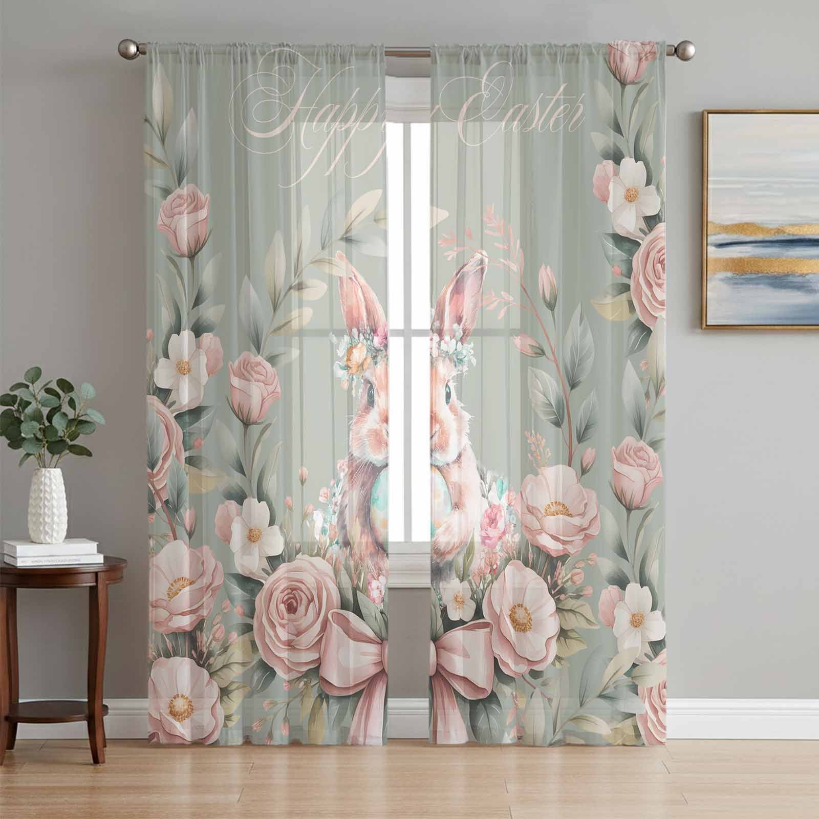 Easter Bunny Sheer Curtains 96 Inch Length 2 Panels Set Window ...