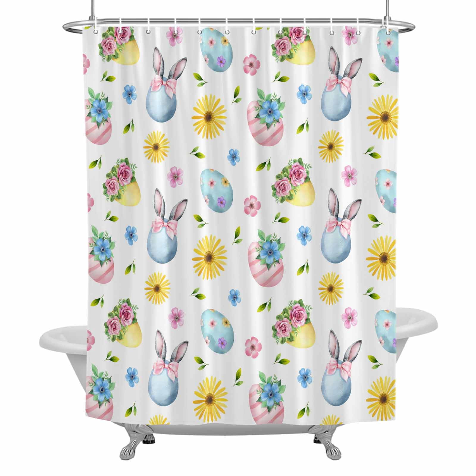 Easter Bunny Shower Curtain for Bathroom, Blue Eggs Yellow Daisy Pink ...