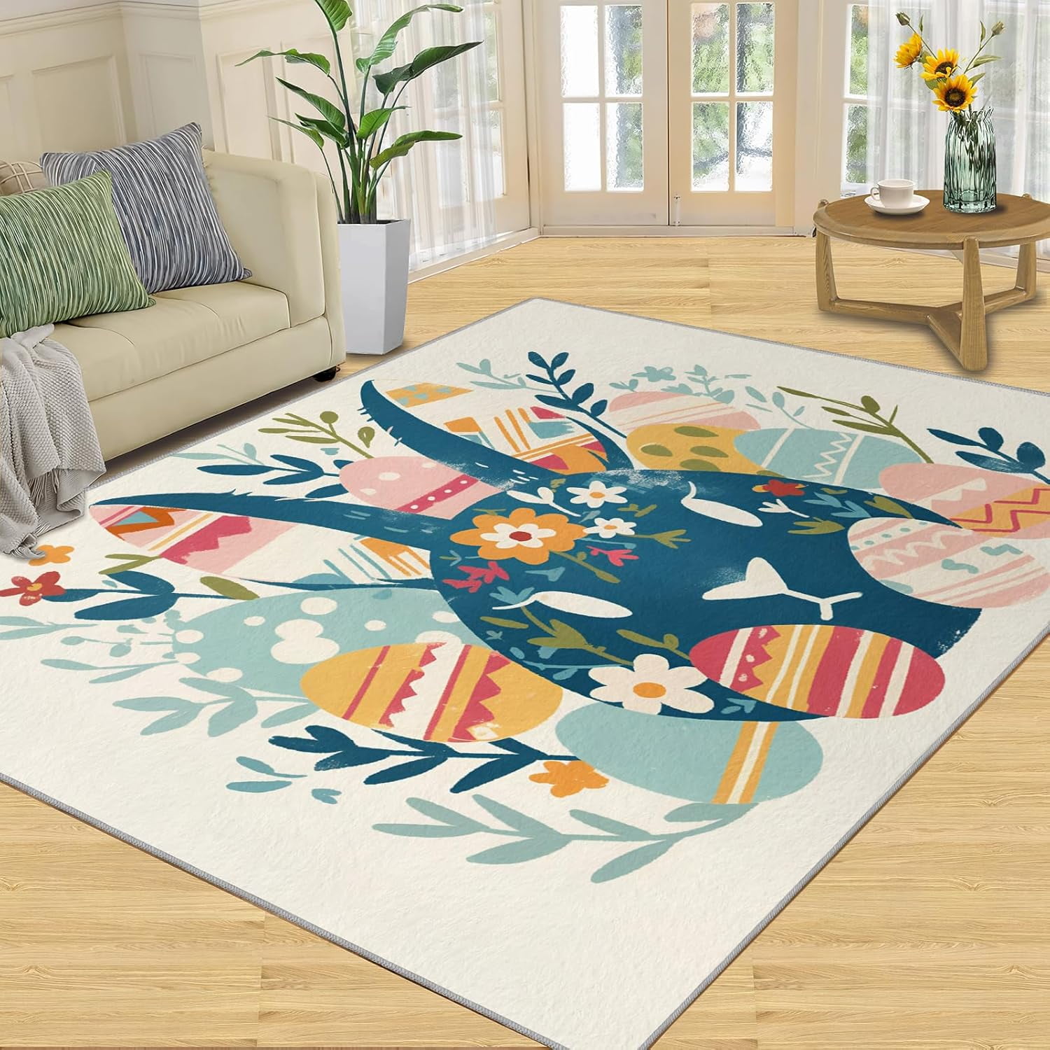 Easter Bunny Silhouette Area Rug Modern Floral Rabbit Bedroom Rug ...