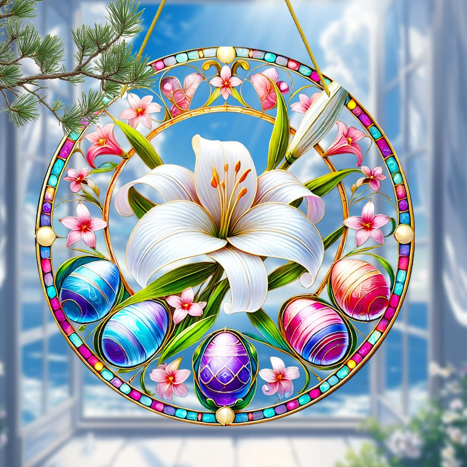Easter Bunny Stained Glass Round Suncatcher Window Decorations Home ...