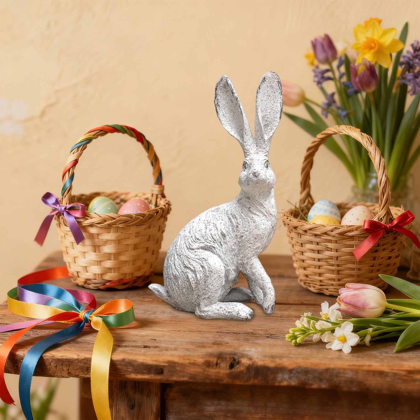 Easter Bunny Statue Artificial Rabbit Figurine Rustic Bunny Ornaments ...