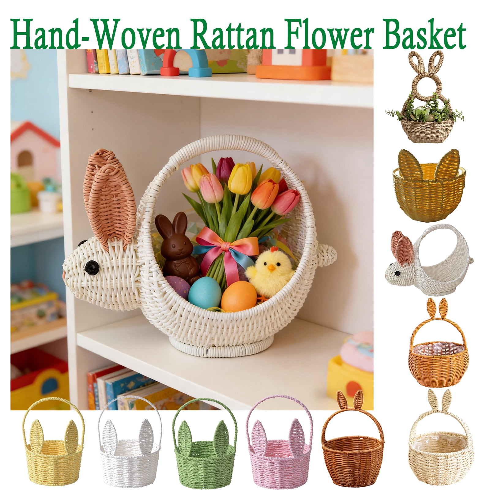 Easter Bunny Style Woven Storage Basket, Long Ear Imitation Rattan Tote ...
